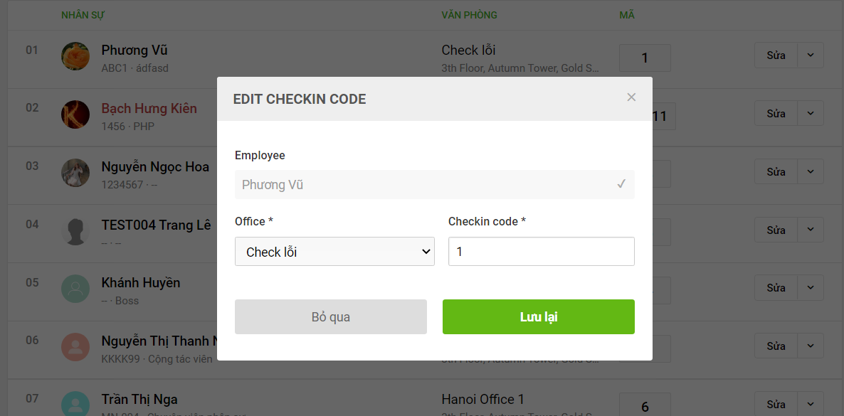 Base HRM - Nhân sự: Chỉnh sửa mã chấm công cho nhân viên : Base.vn