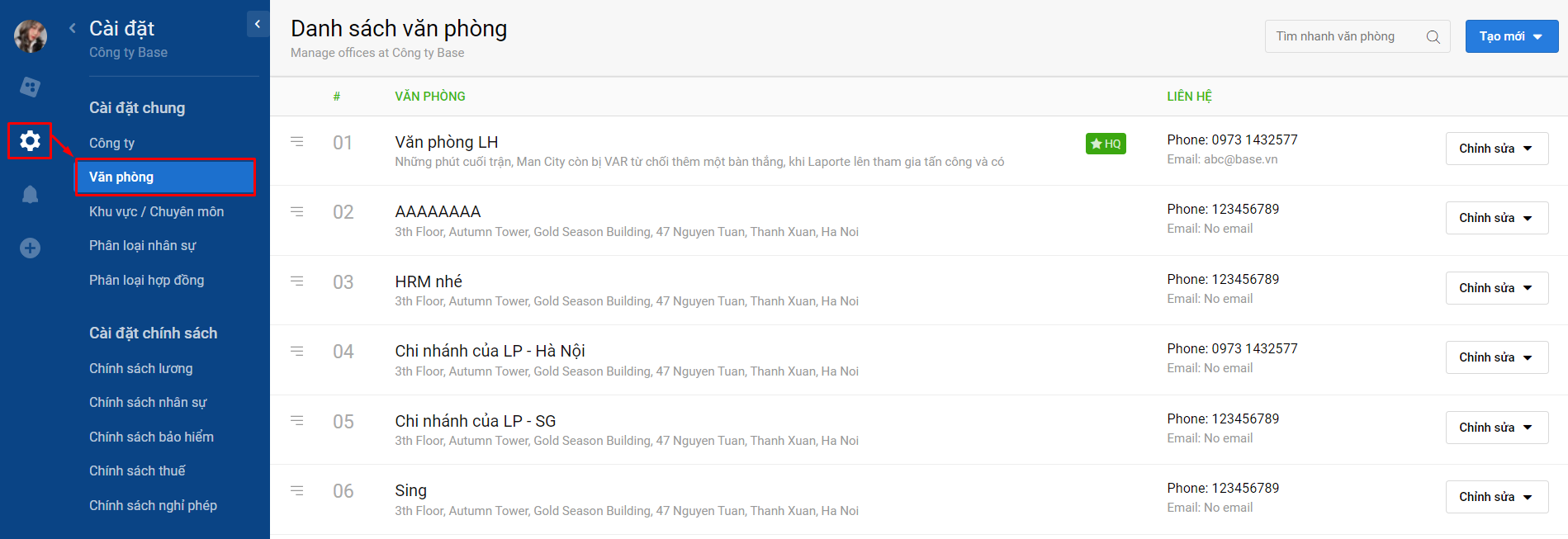 Base HRM - Cài đặt: Cách tạo văn phòng công ty trên HRM : Base.vn