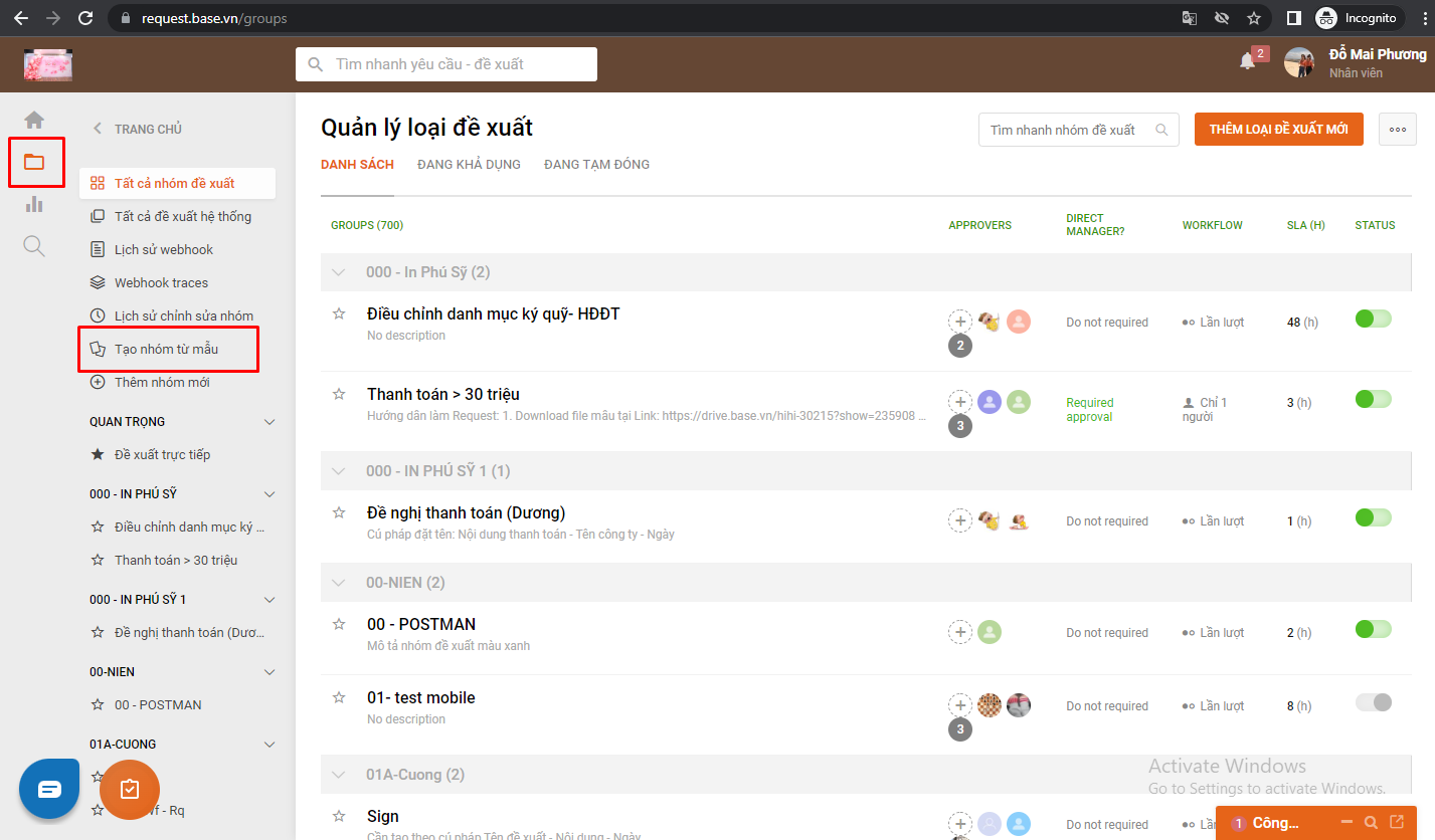 Base Request: Cách tạo nhóm đề xuất từ mẫu (Base Template) : Base.vn