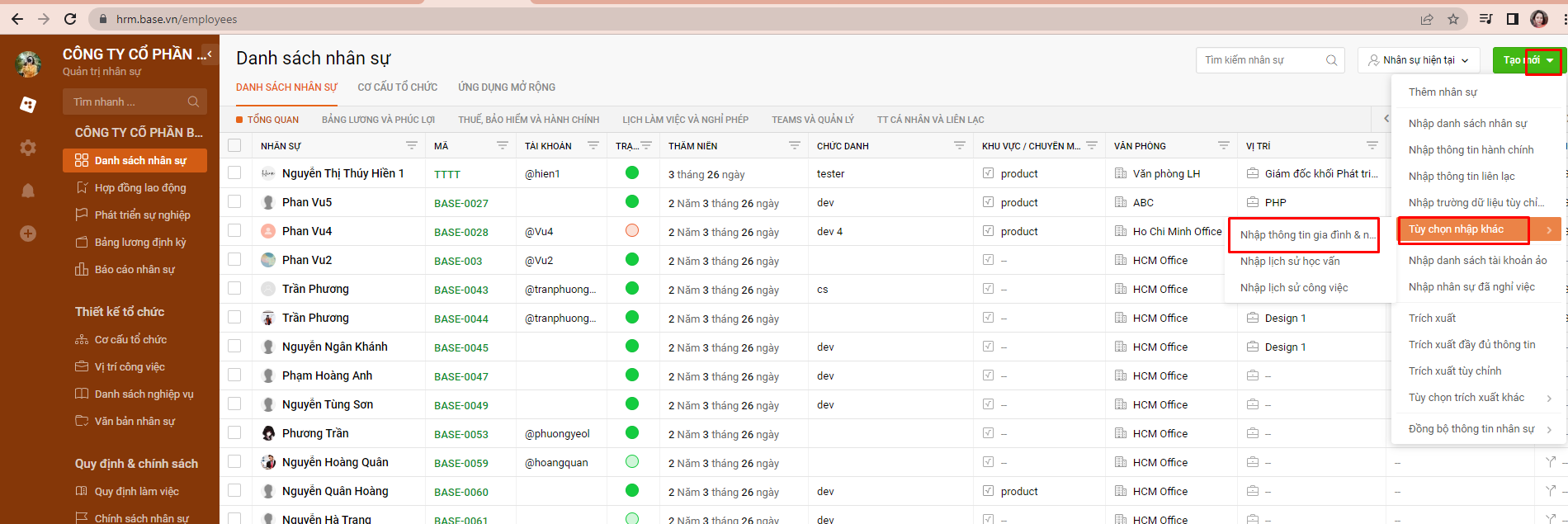 Base HRM - Nhân sự: Hướng dẫn thêm người phụ thuộc : Base.vn