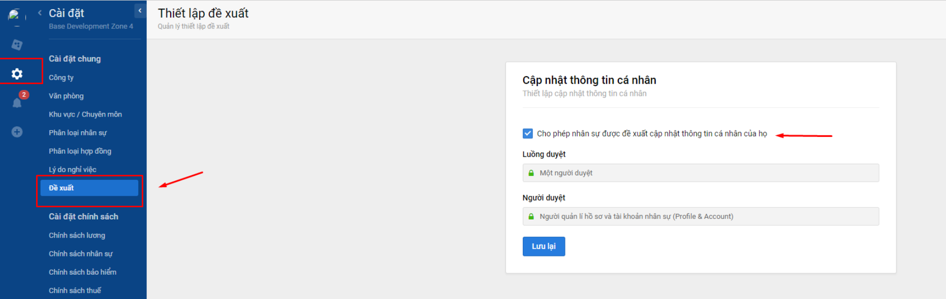 Base HRM - Cài đặt: Cho phép Nhân sự cập nhật thay đổi thông tin trên ...