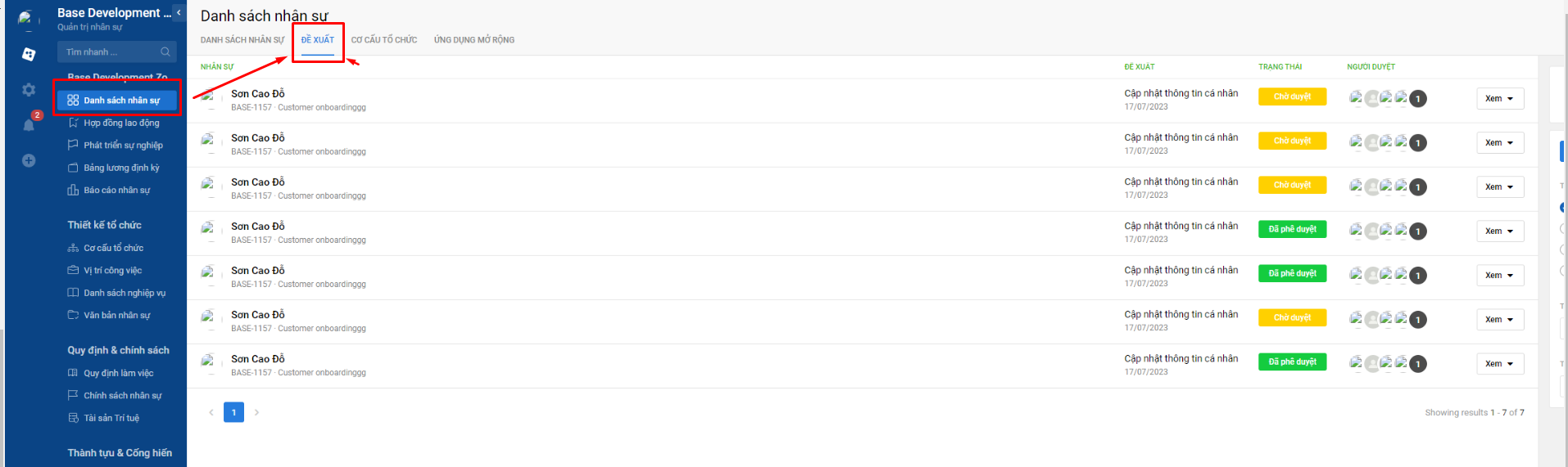 Base HRM - Cài đặt: Cho phép Nhân sự cập nhật thay đổi thông tin trên ...
