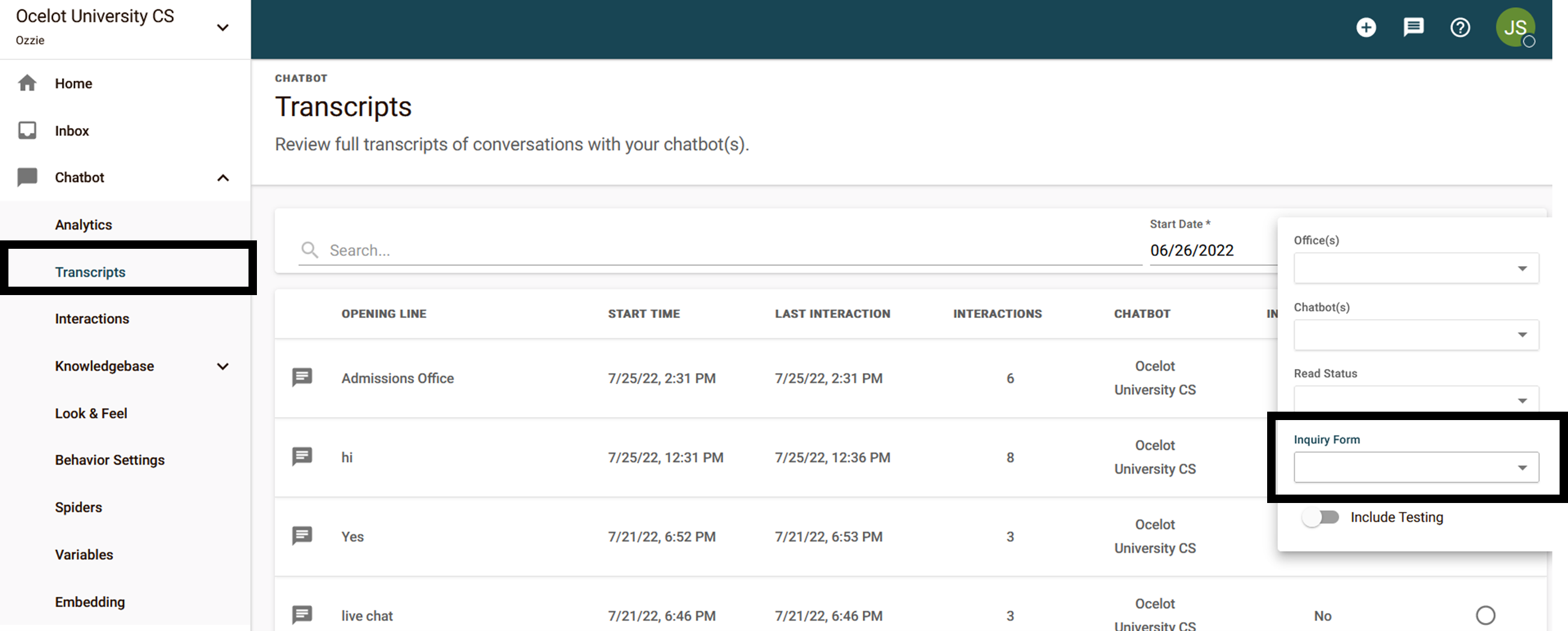 Behavior Settings: Inquiry Form : Ocelot Support