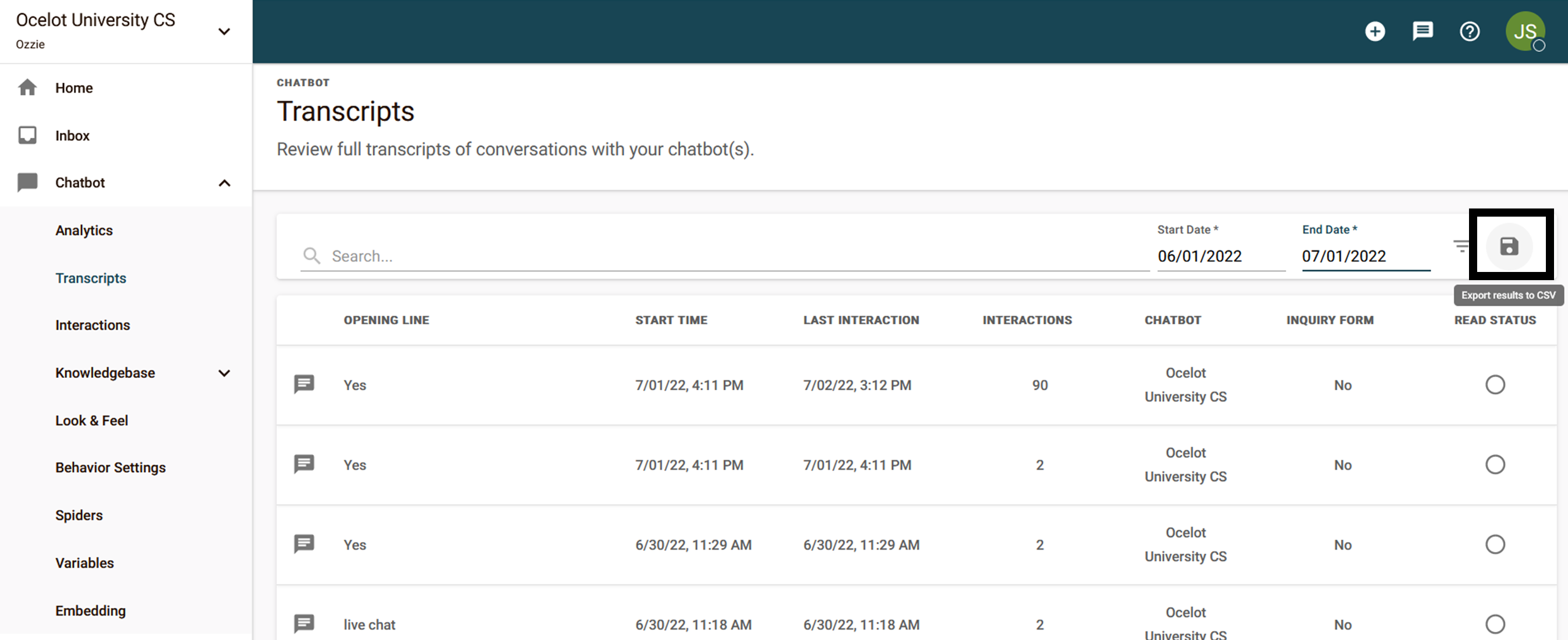 Behavior Settings: Inquiry Form : Ocelot Support