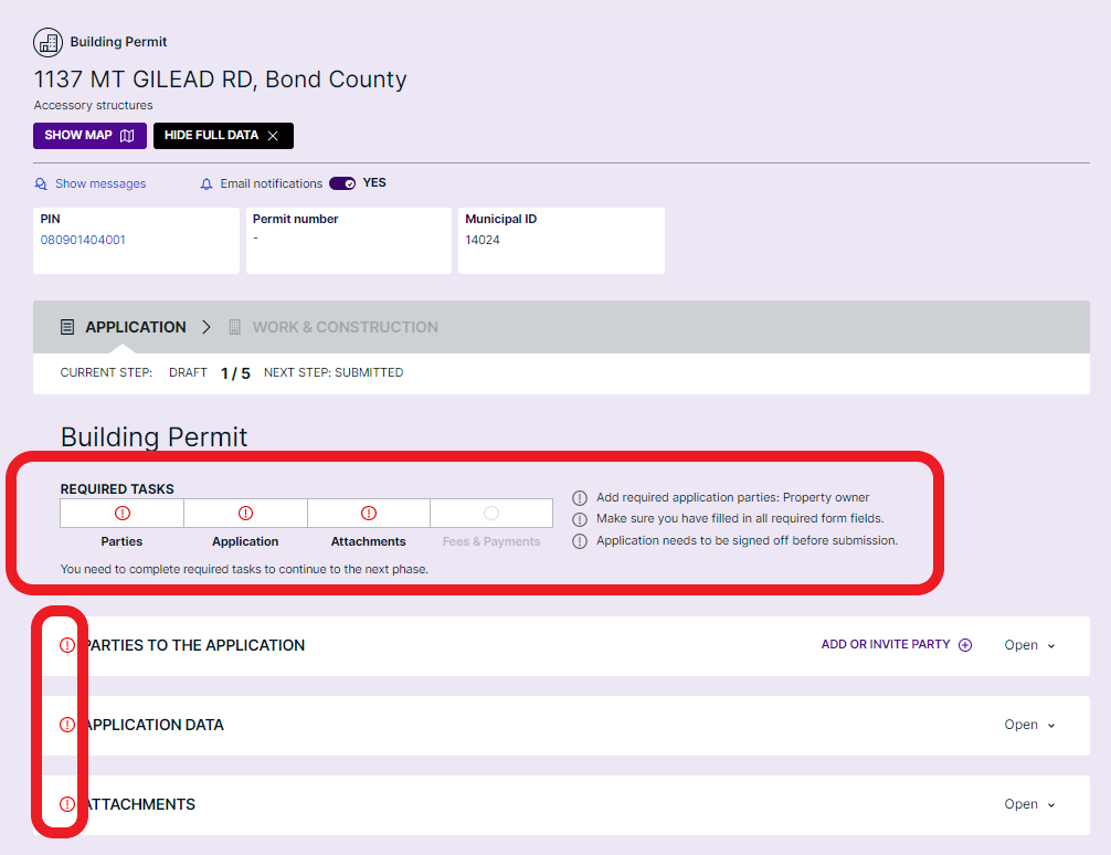 The "Required Tasks" progress bar in the application workspace ...