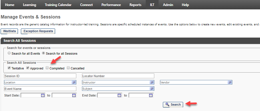 From the Events and Sessions screen, click the ‘Search for all Sessions ...