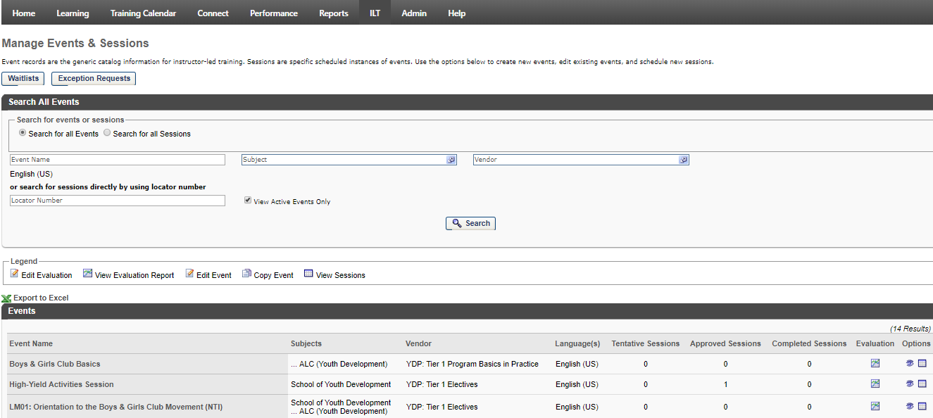 Once the ILT Event desired is found, click the View Sessions icon