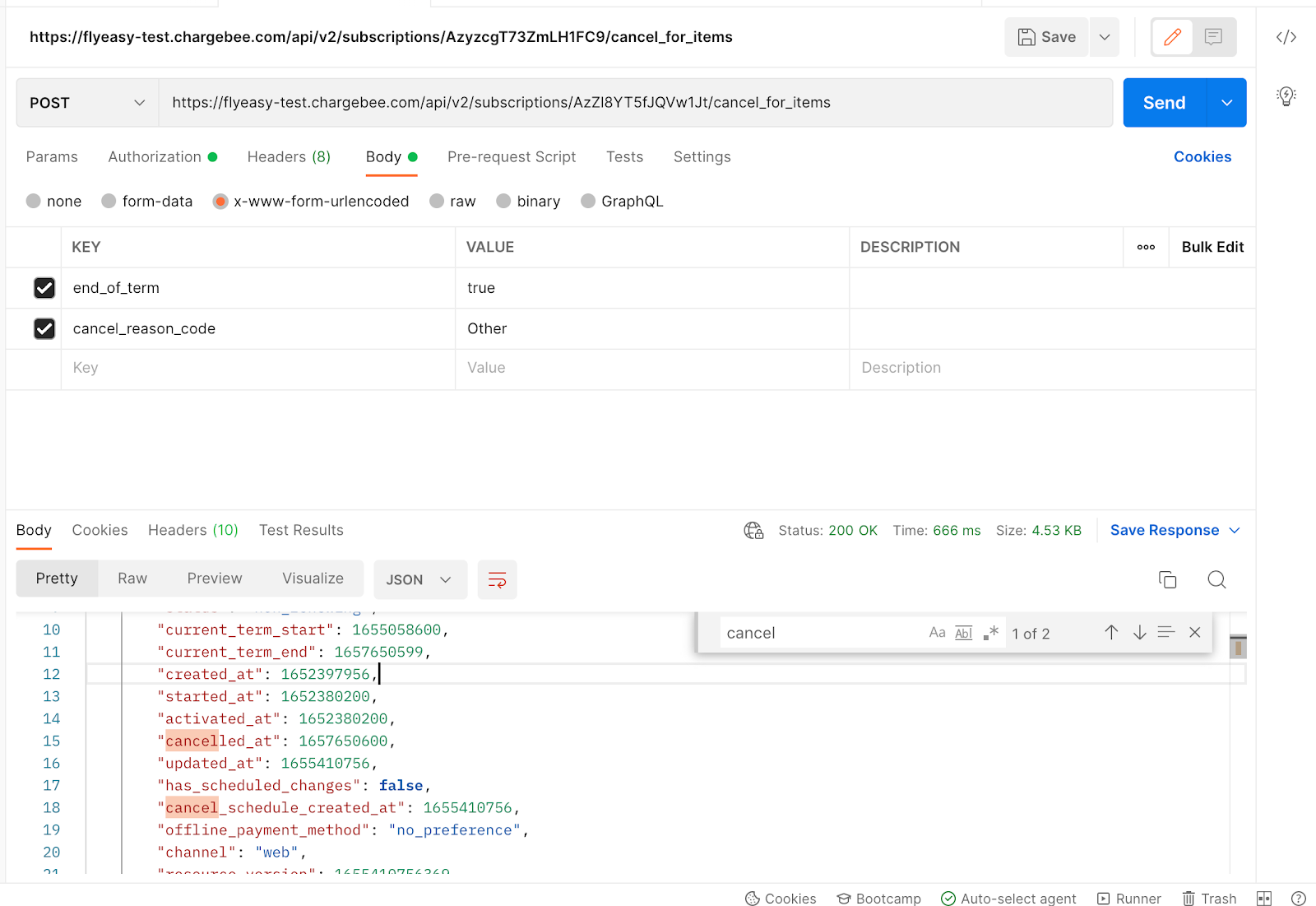 Expected execution of subscription cancellation reason codes ...
