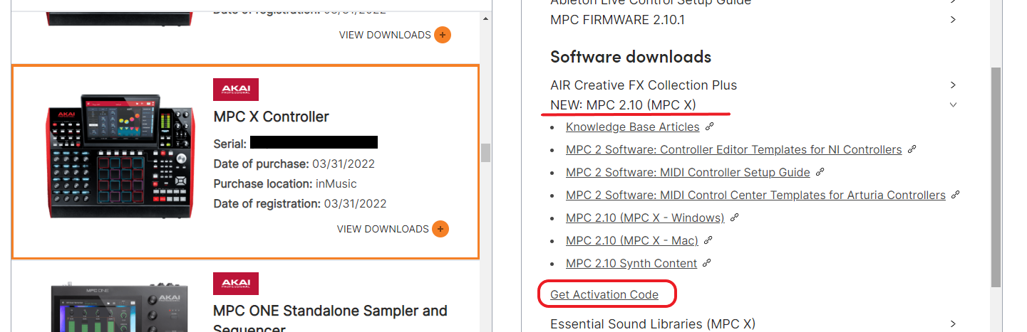 Akai Pro MPCシリーズ｜MPC 2 Softwareのアクティベーションコードはどこに表示されるか？ : Akai Professional