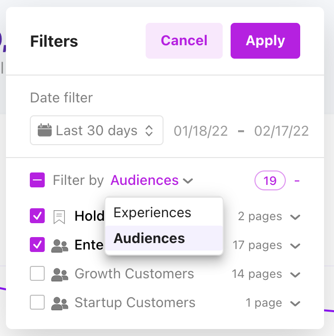 Filtering Reports by Audience or Experience in Retention : Chargebee Help Center