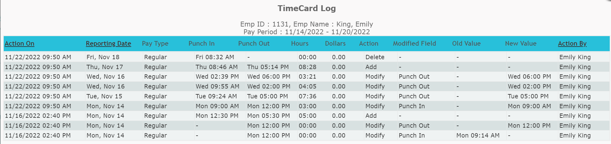 View Timecard Changes : Timerack