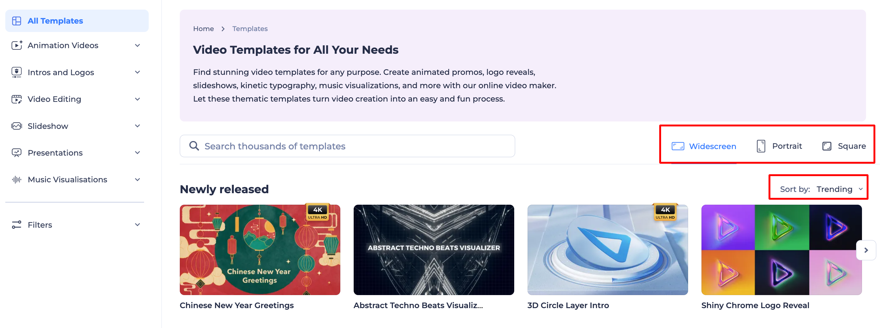 Template Categories and Filters of the Video Maker Tool | Renderforest