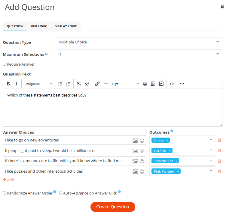 Create an Outcome Quiz : Helpdesk