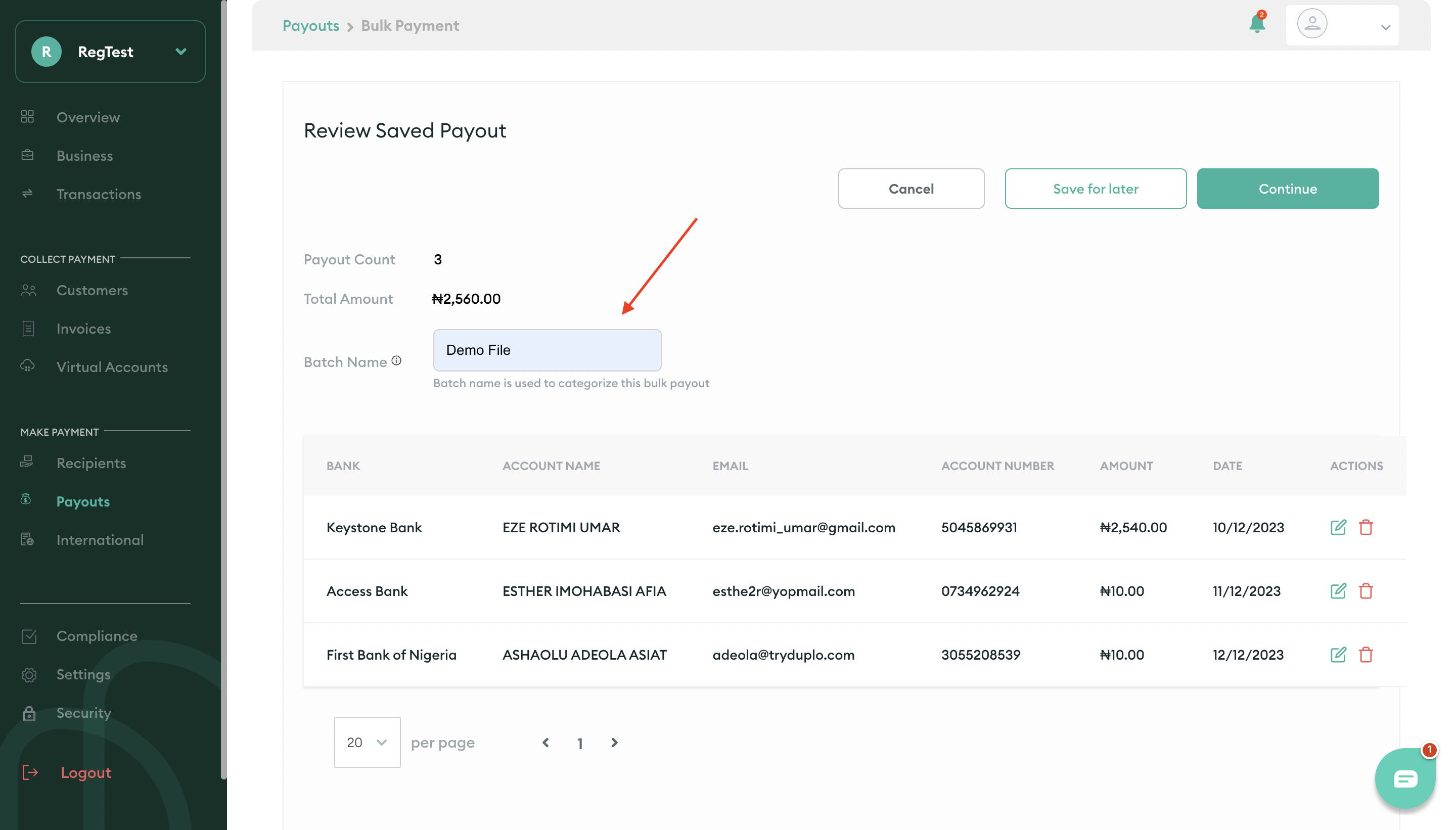 How to make a batch bulk payout : tryduplo