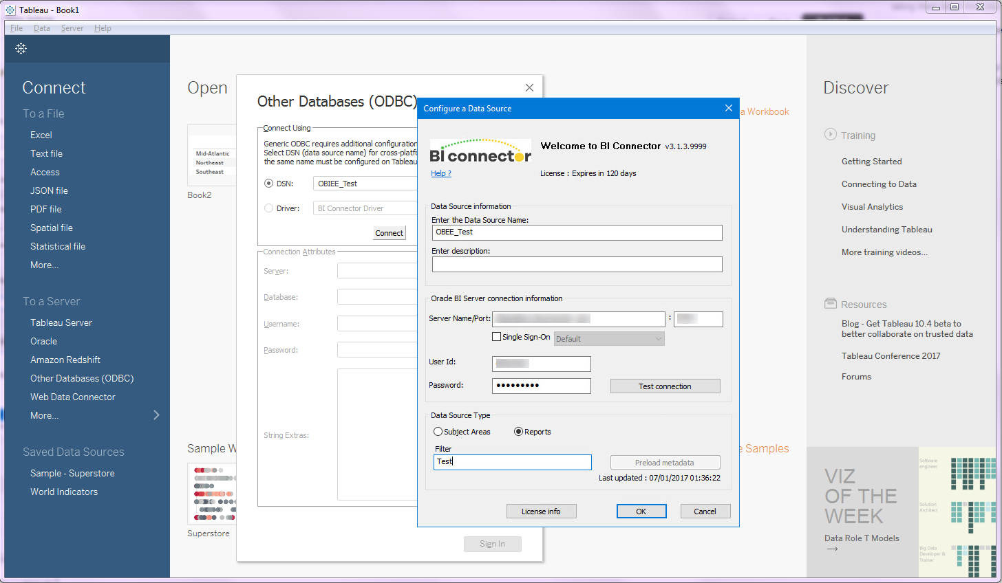 How to use same BI Connector DSN for connecting Tableau with both OBIEE Subject Areas and OBIEE ...
