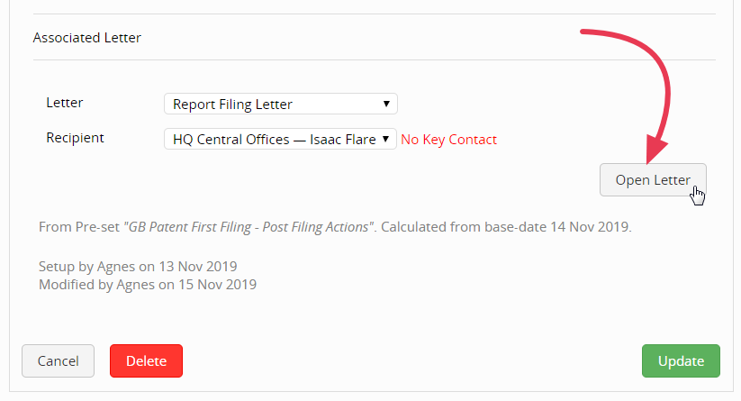 Generate Correspondence from a Pre-set Task : Help Centre