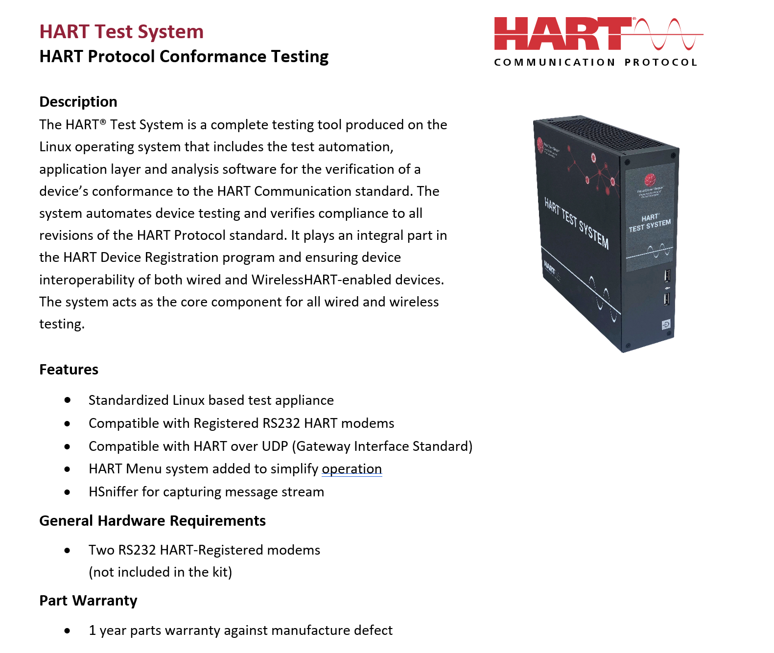 HART Test System Data Sheet Download : FieldComm Group Support Portal