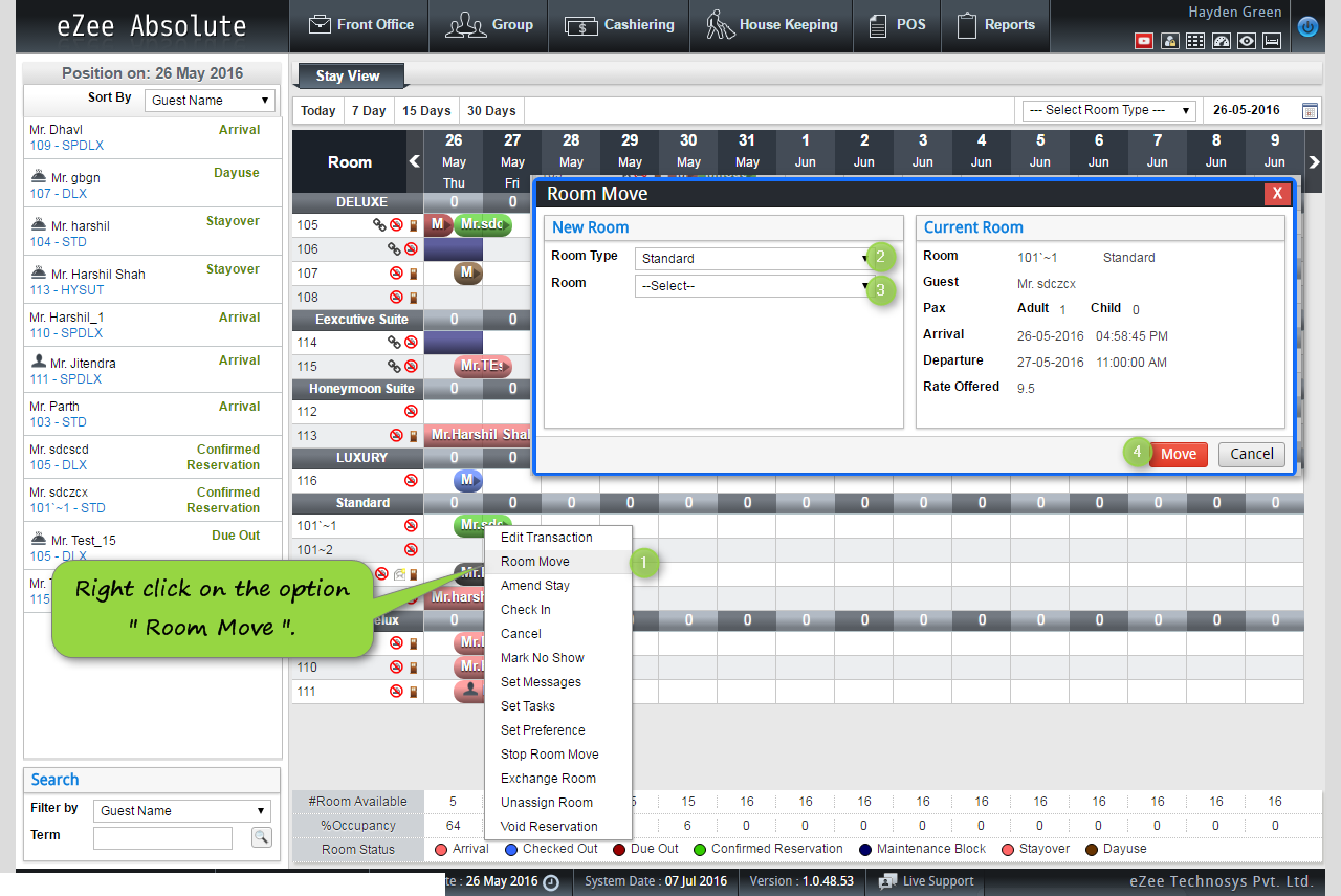 How to perform Room Move operation in eZee Absolute?