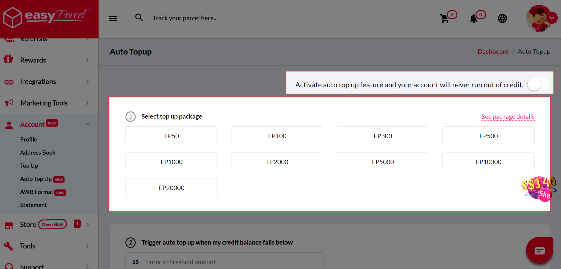 How to set up auto Top Up? : EasyParcel (Malaysia) Help Centre