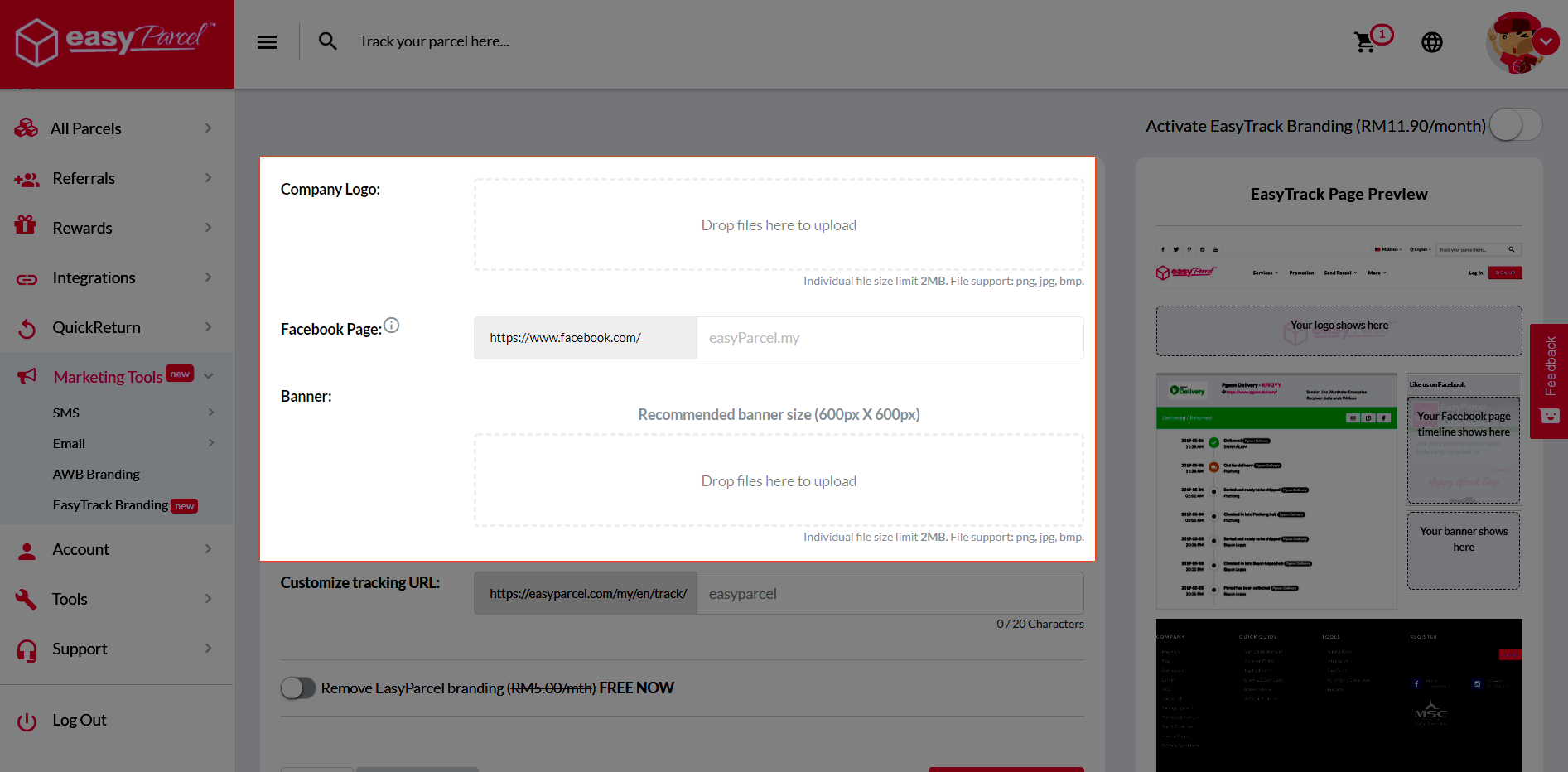 How to setup custom branding on EasyTrack? : EasyParcel (Singapore) Help Centre