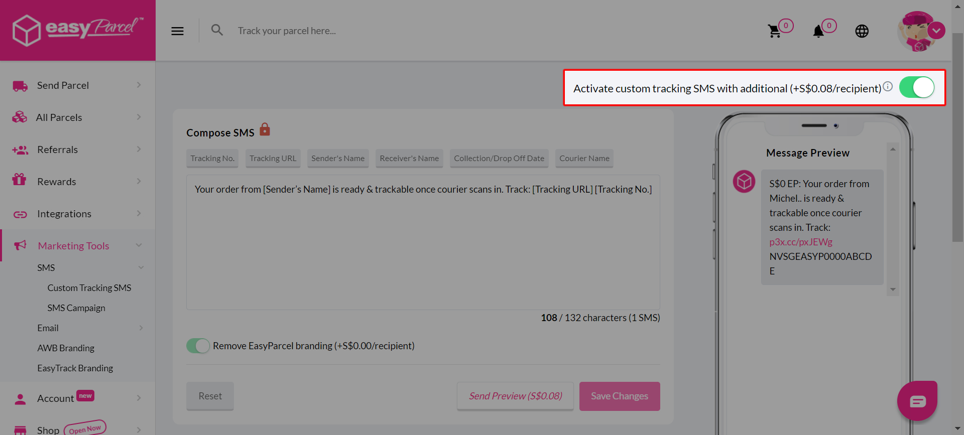 How to setup custom branding on Tracking SMS? : EasyParcel (Singapore) Help Centre
