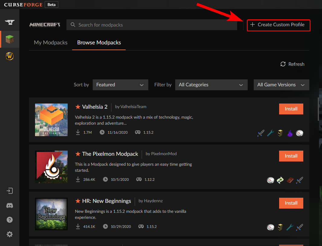Creating a Custom Profile: CurseForge support