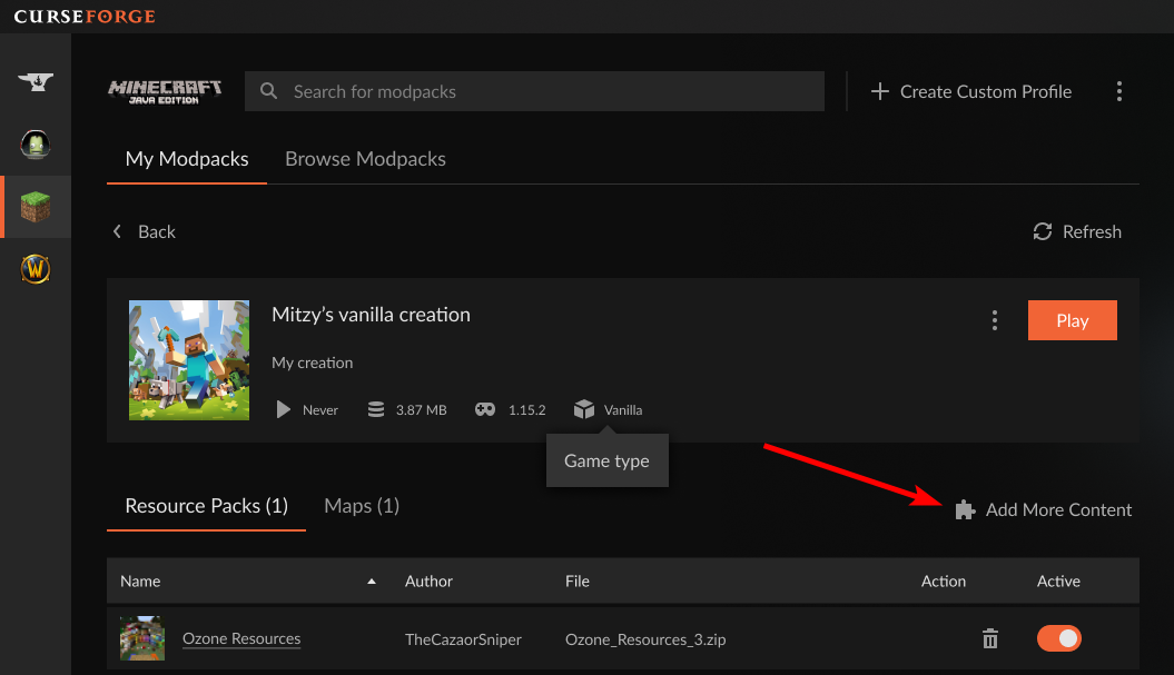 Creating a Custom Profile: CurseForge support