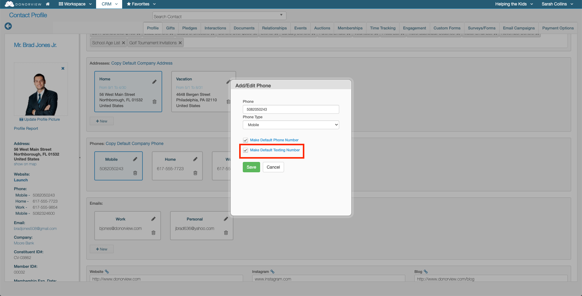 Selecting a Default Mobile Text Number : DonorView