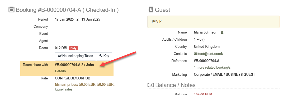 Split additional guests at Check-in (with room share) : Support Centre
