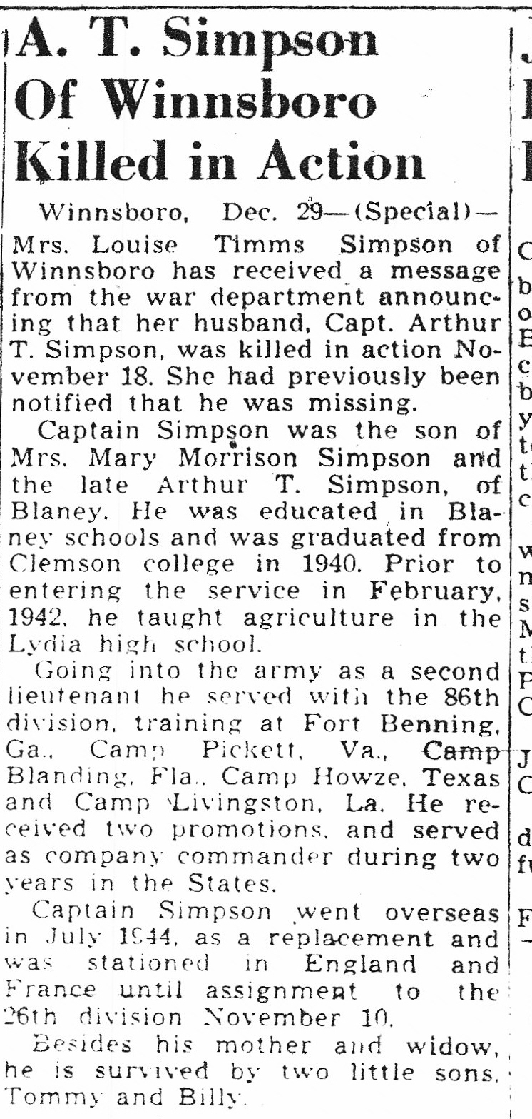 Capt. Arthur Thomas Simpson, Jr. – Kershaw County, South Carolina History