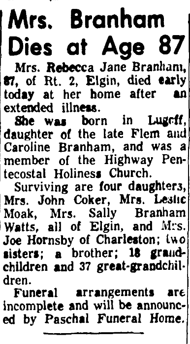 Rebecca Jane Branham Branham – Kershaw County, South Carolina History