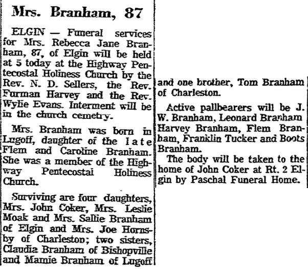 Rebecca Jane Branham Branham – Kershaw County, South Carolina History