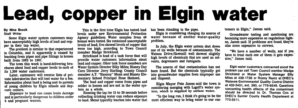 LEAD, COPPER IN ELGIN WATER – Kershaw County, South Carolina History