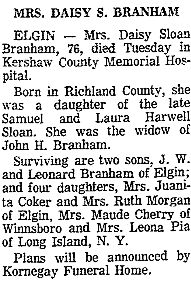 Daisy Susanna Sloan Branham – Kershaw County, South Carolina History