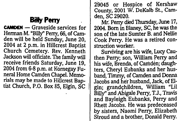 Herman McLean “Billy” Perry – Kershaw County, South Carolina History