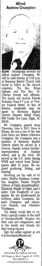 Alfred Andrew Crumpton – Kershaw County, South Carolina History