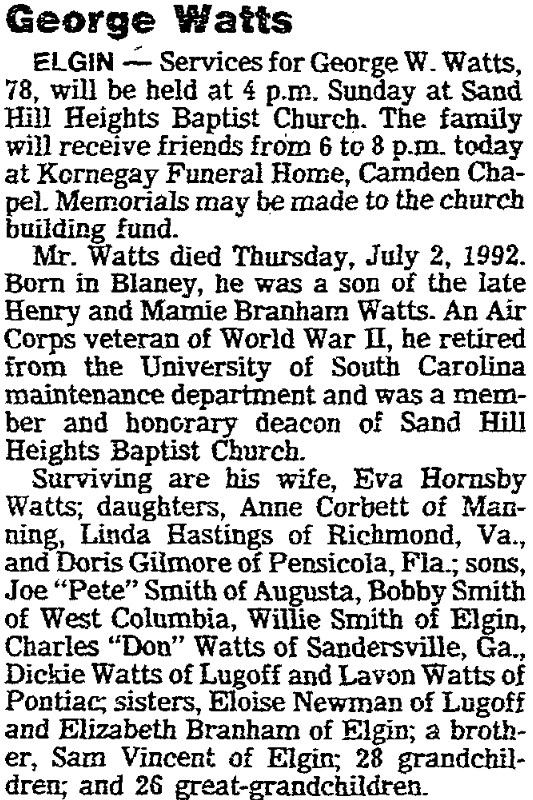 George W Watts – Kershaw County, South Carolina History