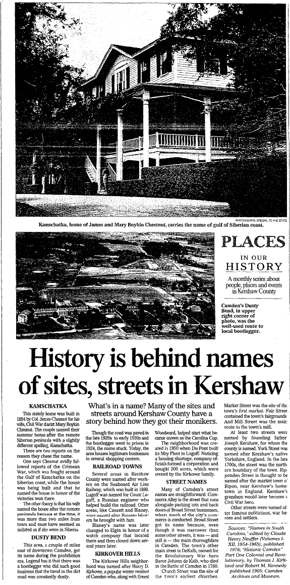 HISTORY IS BEHIND NAMES OF SITES, STREETS IN KERSHAW – Kershaw County ...
