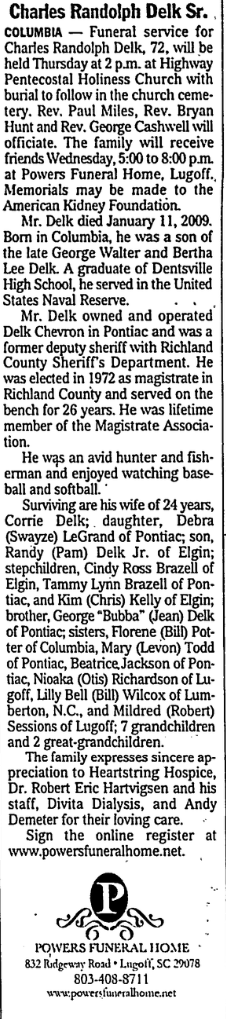 Charles Randolph Delk Sr. – Kershaw County, South Carolina History