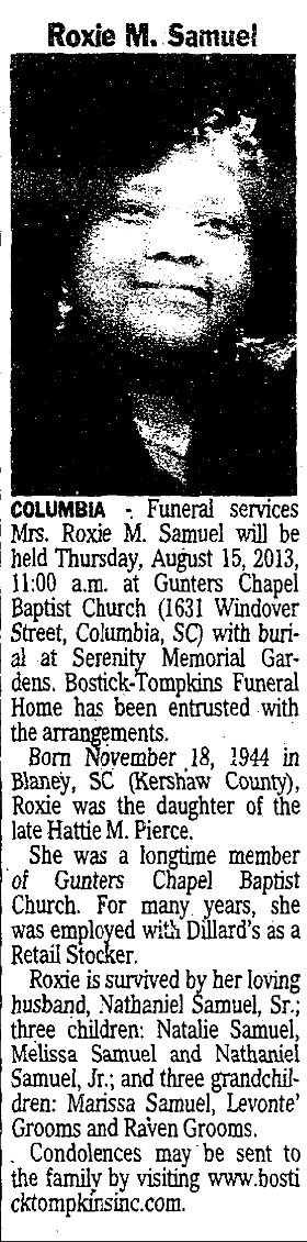 Roxie M. Samuel – Kershaw County, South Carolina History