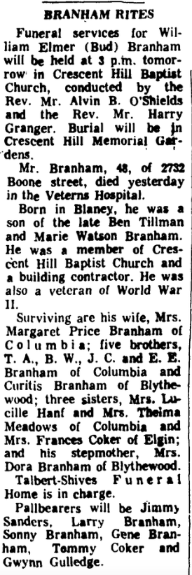 William Elmer Branham – Kershaw County, South Carolina History