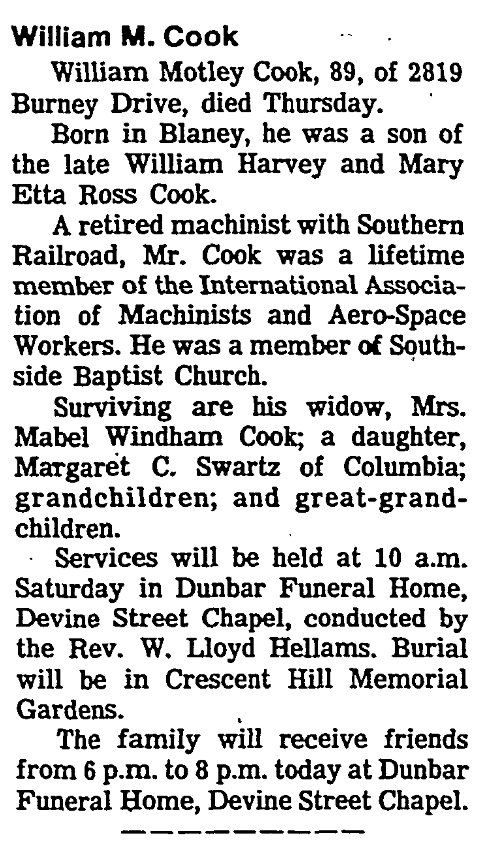 William Motley Cook – Kershaw County, South Carolina History