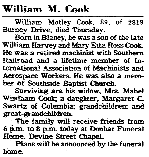 William Motley Cook – Kershaw County, South Carolina History