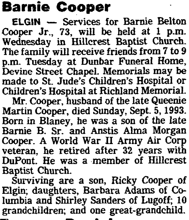 Barney Belton Cooper Jr – Kershaw County, South Carolina History