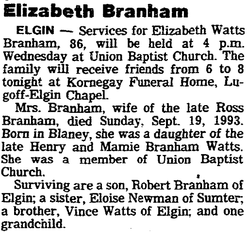 Elizabeth Watts Branham – Kershaw County, South Carolina History
