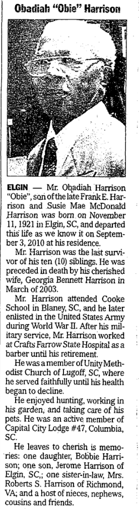Obadiah “Obie” Harrison – Kershaw County, South Carolina History