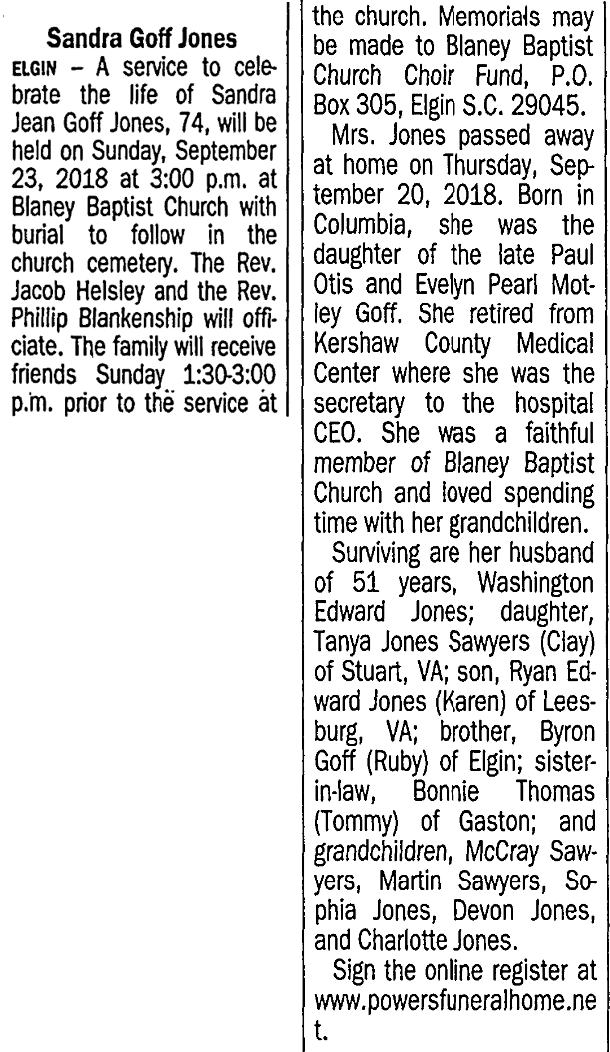 Sandra Jean Goff Jones – Kershaw County, South Carolina History