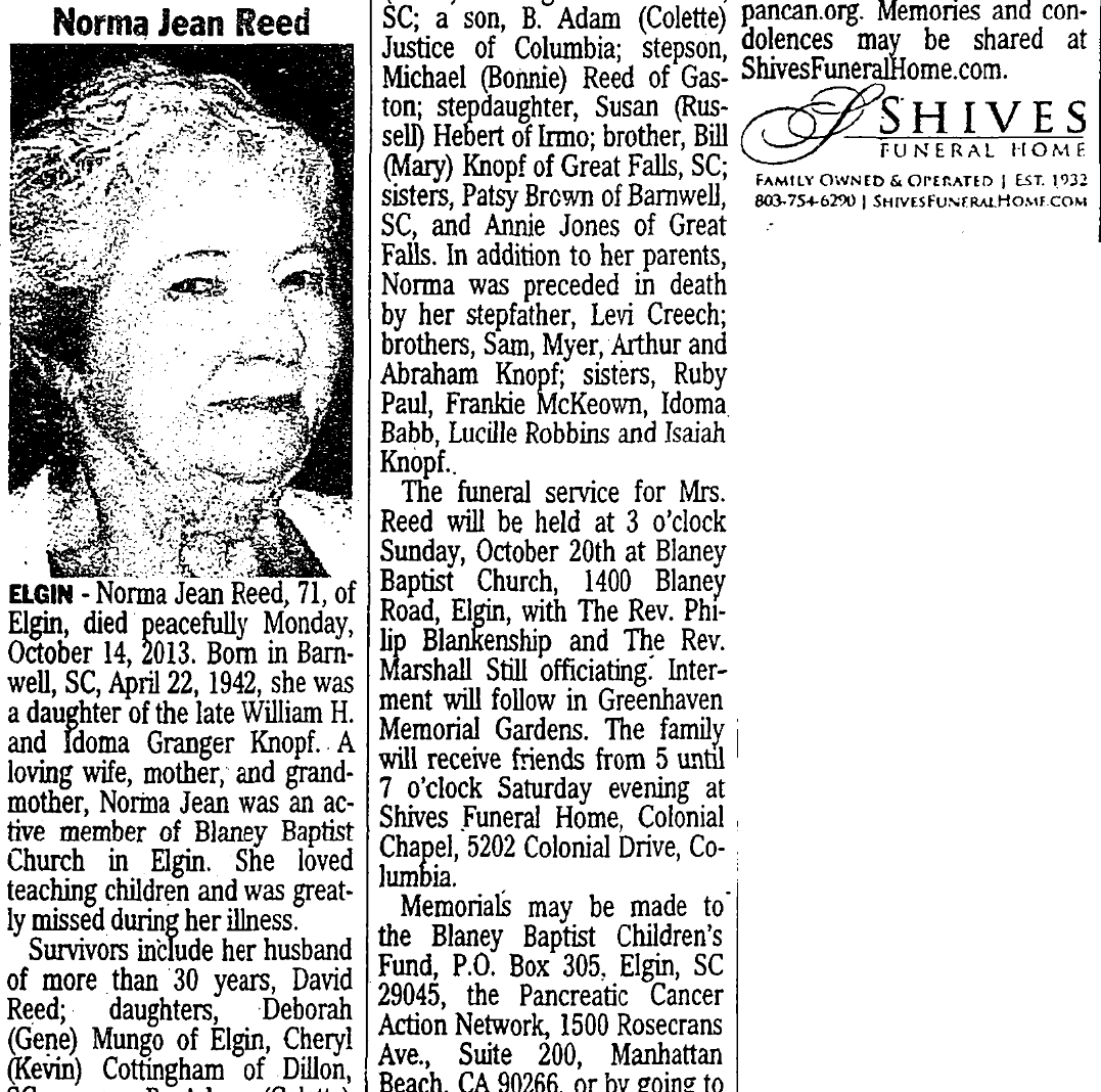 Norma Jean Knopf Reed – Kershaw County, South Carolina History