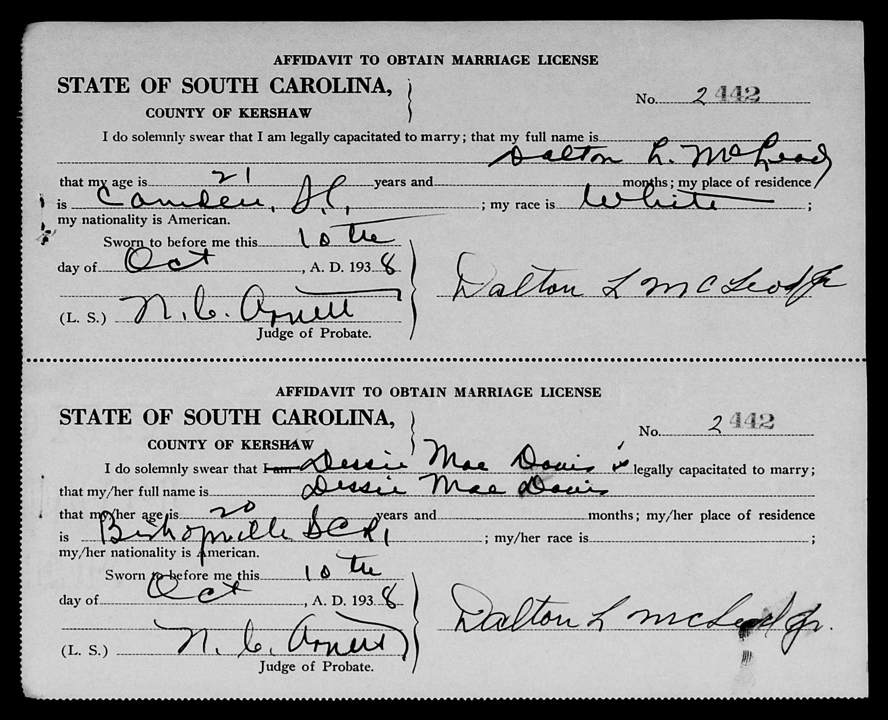 Dessie Mae Davis McLeod – Kershaw County, South Carolina History