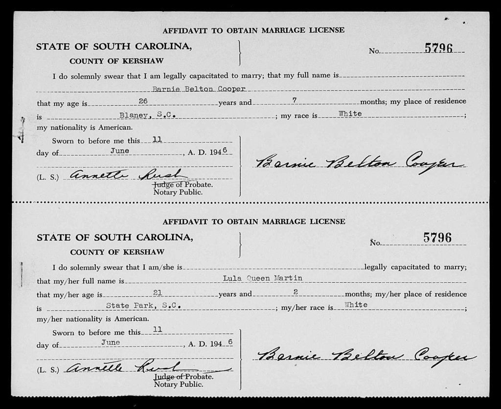 Barney Belton Cooper Jr – Kershaw County, South Carolina History